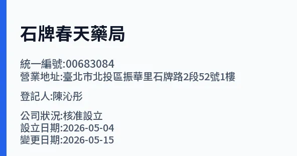 石牌春天藥局的照片-統編 00683084(臺北市) 公司登記資料與營業項目詳細圖表