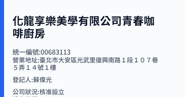 化龍享樂美學有限公司青春咖啡廚房的照片-統編 00683113(臺北市) 公司登記資料與營業項目詳細圖表
