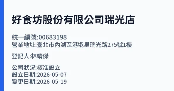 好食坊股份有限公司瑞光店的照片-統編 00683198(臺北市) 公司登記資料與營業項目詳細圖表