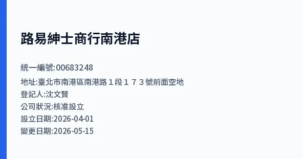 路易紳士商行南港店的照片-統編 00683248(臺北市) 公司登記資料與營業項目詳細圖表