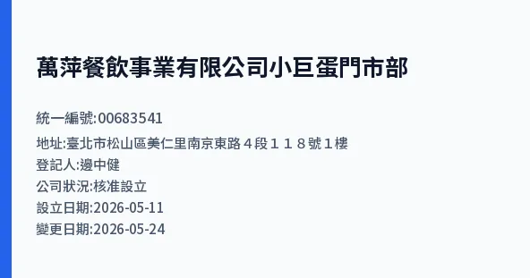 萬萍餐飲事業有限公司小巨蛋門市部的照片-統編 00683541(臺北市) 公司登記資料與營業項目詳細圖表
