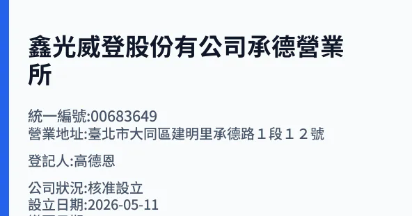 鑫光威登股份有公司承德營業所的照片-統編 00683649(臺北市) 公司登記資料與營業項目詳細圖表
