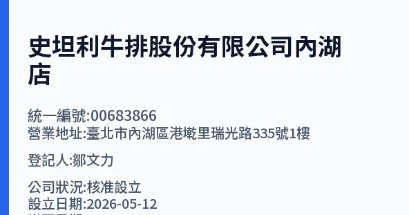 史坦利牛排股份有限公司內湖店的照片-統編 00683866(臺北市) 公司登記資料與營業項目詳細圖表