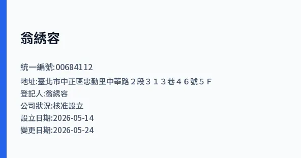 翁綉容的照片-統編 00684112(臺北市) 公司登記資料與營業項目詳細圖表