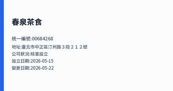 春泉茶食的照片-統編 00684268(臺北市) 公司登記資料與營業項目詳細圖表