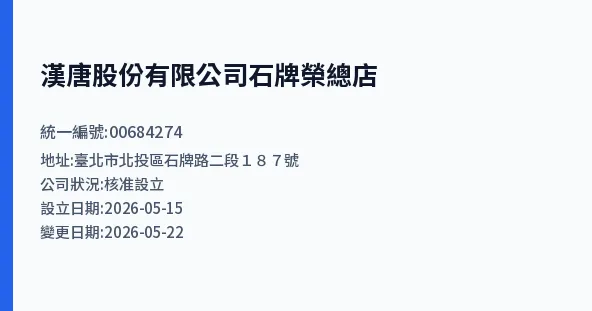 漢唐股份有限公司石牌榮總店的照片-統編 00684274(臺北市) 公司登記資料與營業項目詳細圖表