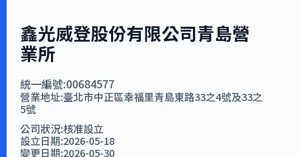 鑫光威登股份有限公司青島營業所的照片-統編 00684577(臺北市) 公司登記資料與營業項目詳細圖表