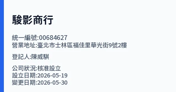 駿影商行的照片-統編 00684627(臺北市) 公司登記資料與營業項目詳細圖表