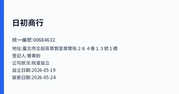 日初商行的照片-統編 00684632(臺北市) 公司登記資料與營業項目詳細圖表