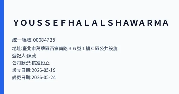 YOUSSEF HALAL SHAWARMA的照片-統編 00684725(臺北市) 公司登記資料與營業項目詳細圖表