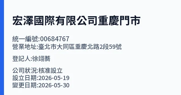宏澤國際有限公司重慶門市的照片-統編 00684767(臺北市) 公司登記資料與營業項目詳細圖表