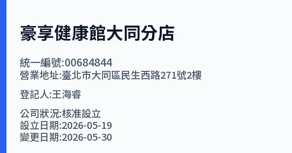 豪享健康館大同分店的照片-統編 00684844(臺北市) 公司登記資料與營業項目詳細圖表