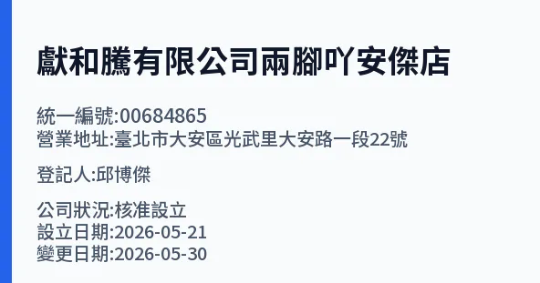 獻和騰有限公司兩腳吖安傑店的照片-統編 00684865(臺北市) 公司登記資料與營業項目詳細圖表