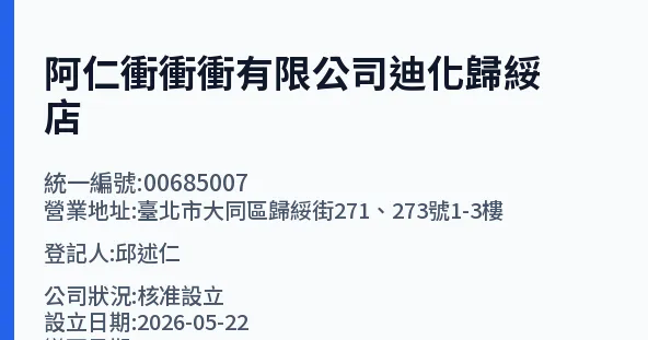 阿仁衝衝衝有限公司迪化歸綏店的照片-統編 00685007(臺北市) 公司登記資料與營業項目詳細圖表