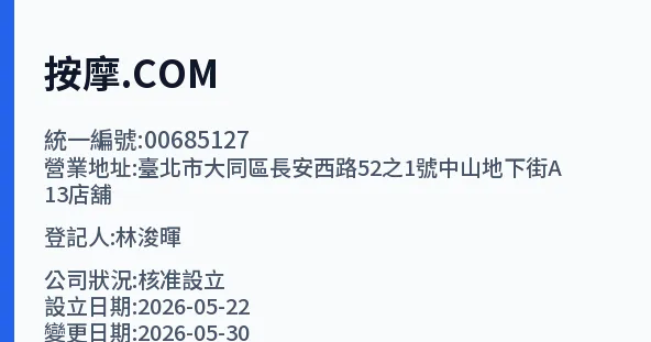 按摩.COM的照片-統編 00685127(臺北市) 公司登記資料與營業項目詳細圖表