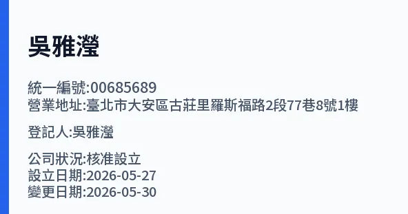 吳雅瀅的照片-統編 00685689(臺北市) 公司登記資料與營業項目詳細圖表