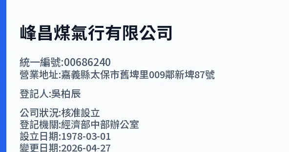 峰昌煤氣行有限公司的照片-統編 00686240(嘉義縣) 公司登記資料與營業項目詳細圖表