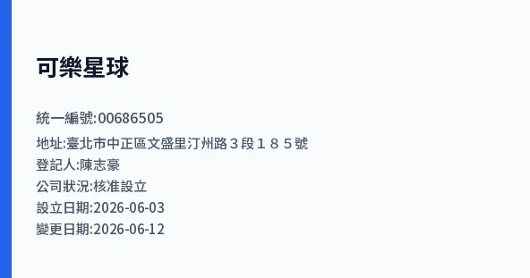可樂星球的照片-統編 00686505(臺北市) 公司登記資料與營業項目詳細圖表