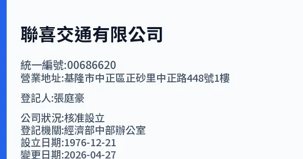 聯喜交通有限公司的照片-統編 00686620(基隆市) 公司登記資料與營業項目詳細圖表