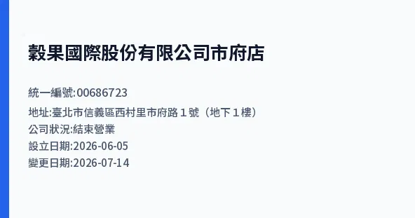 穀果國際股份有限公司市府店的照片-統編 00686723 公司登記資料與營業項目詳細圖表