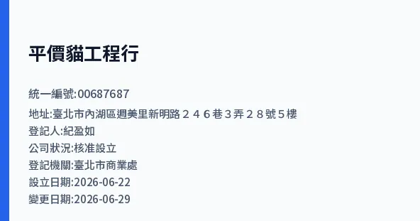 平價貓工程行的照片-統編 00687687(臺北市) 公司登記資料與營業項目詳細圖表