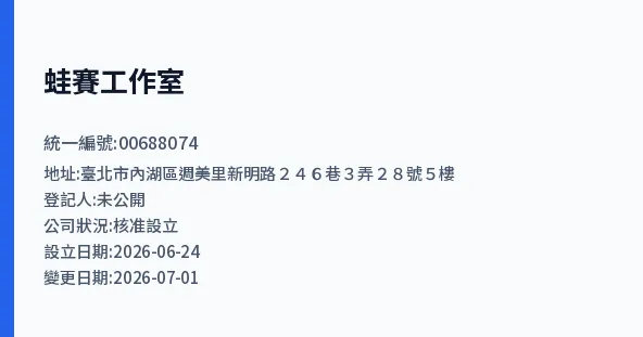 蛙賽工作室的照片-統編 00688074(臺北市) 公司登記資料與營業項目詳細圖表