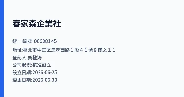 春家森企業社的照片-統編 00688145(臺北市) 公司登記資料與營業項目詳細圖表
