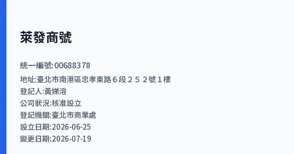 萊發商號的照片-統編 00688378(臺北市) 公司登記資料與營業項目詳細圖表