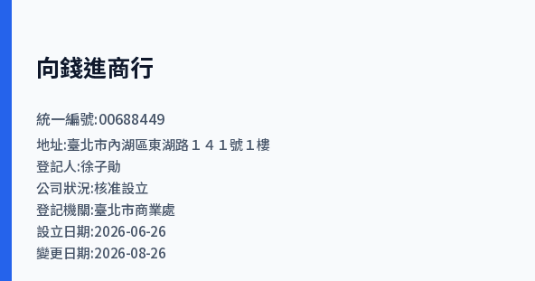 向錢進商行的照片-統編 00688449(臺北市) 公司登記資料與營業項目詳細圖表