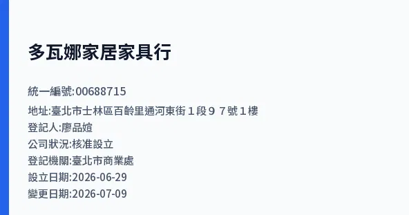 多瓦娜家居家具行的照片-統編 00688715(臺北市) 公司登記資料與營業項目詳細圖表