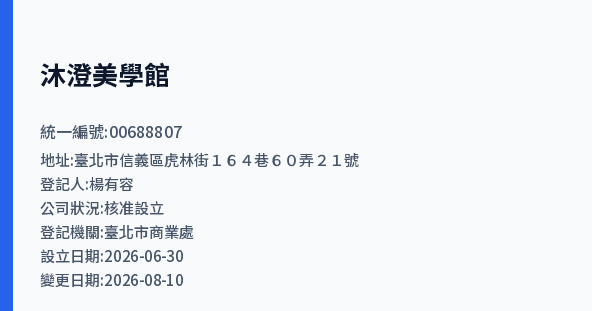 沐澄美學館的照片-統編 00688807(臺北市) 公司登記資料與營業項目詳細圖表