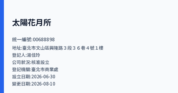 太陽花月所的照片-統編 00688898(臺北市) 公司登記資料與營業項目詳細圖表