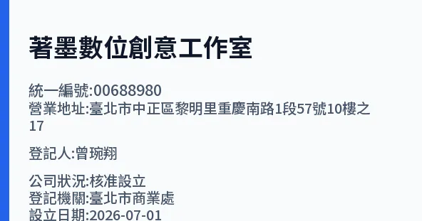著墨數位創意工作室的照片-統編 00688980(臺北市) 公司登記資料與營業項目詳細圖表