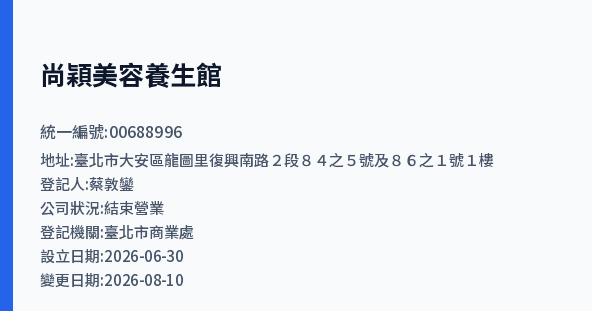 尚穎美容養生館的照片-統編 00688996 公司登記資料與營業項目詳細圖表