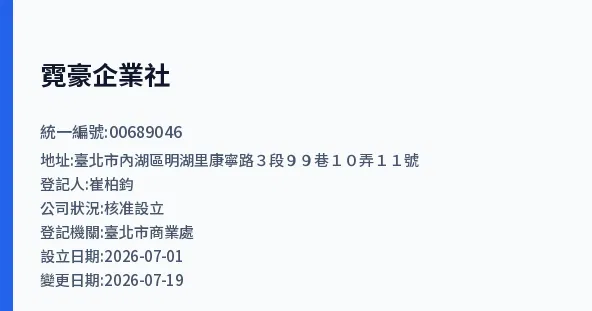 霓豪企業社的照片-統編 00689046(臺北市) 公司登記資料與營業項目詳細圖表