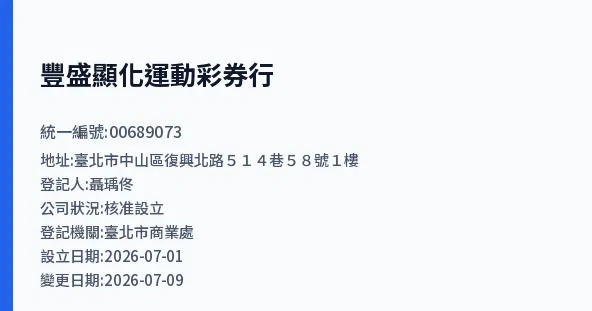 豐盛顯化運動彩券行的照片-統編 00689073(臺北市) 公司登記資料與營業項目詳細圖表