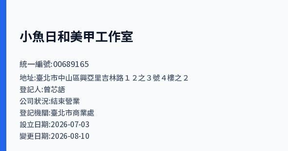 小魚日和美甲工作室的照片-統編 00689165 公司登記資料與營業項目詳細圖表