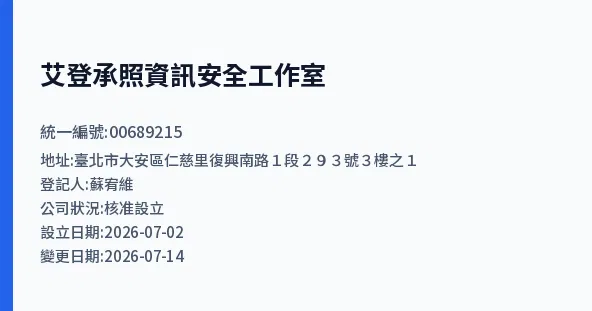 艾登承照資訊安全工作室的照片-統編 00689215(臺北市) 公司登記資料與營業項目詳細圖表