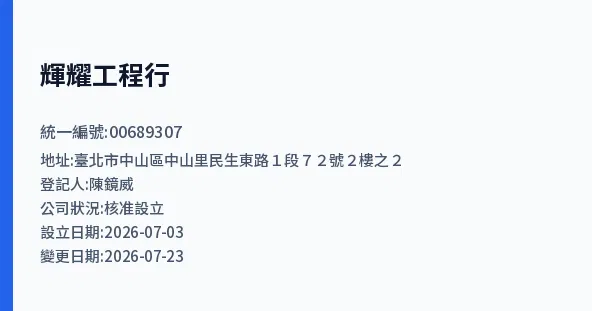 輝耀工程行的照片-統編 00689307(臺北市) 公司登記資料與營業項目詳細圖表