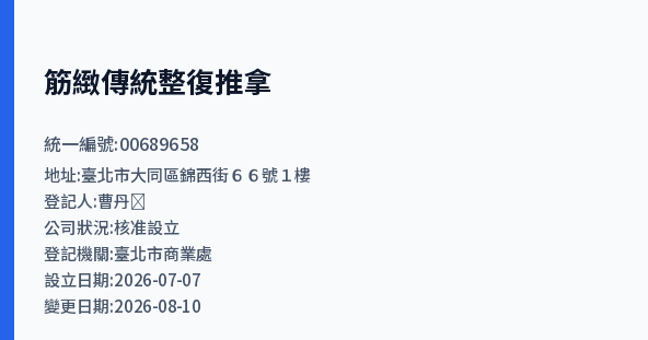 筋緻傳統整復推拿的照片-統編 00689658(臺北市) 公司登記資料與營業項目詳細圖表