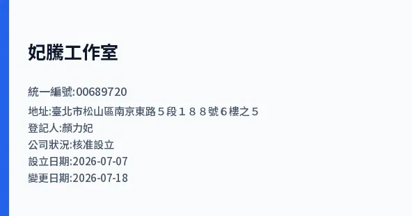 妃騰工作室的照片-統編 00689720(臺北市) 公司登記資料與營業項目詳細圖表