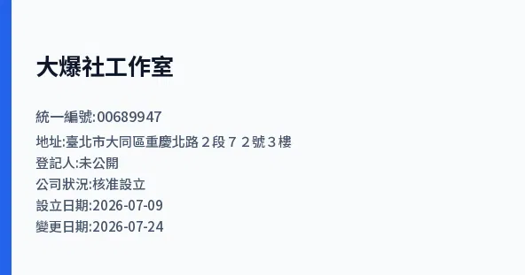 大爆社工作室的照片-統編 00689947(臺北市) 公司登記資料與營業項目詳細圖表