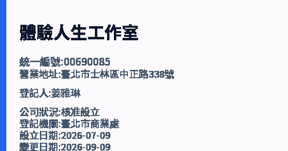 體驗人生工作室的照片-統編 00690085(臺北市) 公司登記資料與營業項目詳細圖表