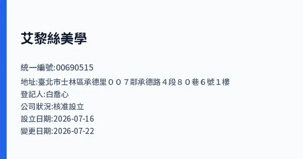 艾黎絲美學的照片-統編 00690515(臺北市) 公司登記資料與營業項目詳細圖表