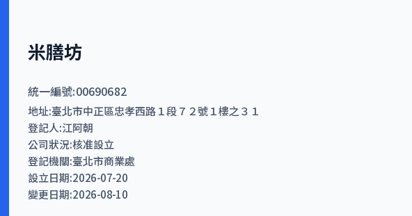 米膳坊的照片-統編 00690682(臺北市) 公司登記資料與營業項目詳細圖表