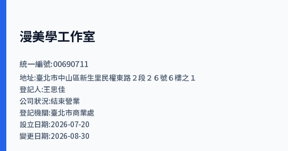 漫美學工作室的照片-統編 00690711 公司登記資料與營業項目詳細圖表