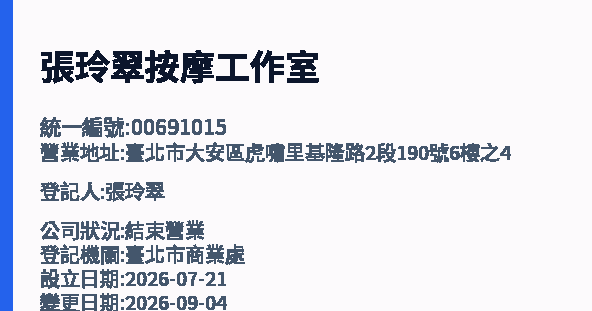 張玲翠按摩工作室的照片-統編 00691015 公司登記資料與營業項目詳細圖表