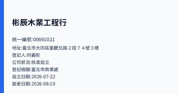 彬辰木業工程行的照片-統編 00691021(臺北市) 公司登記資料與營業項目詳細圖表