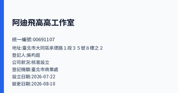 阿迪飛高高工作室的照片-統編 00691107(臺北市) 公司登記資料與營業項目詳細圖表
