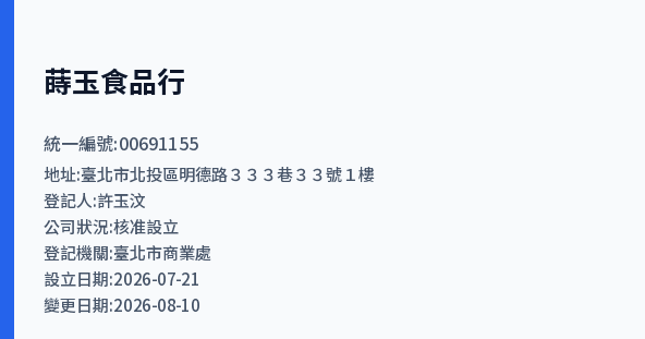 蒔玉食品行的照片-統編 00691155(臺北市) 公司登記資料與營業項目詳細圖表